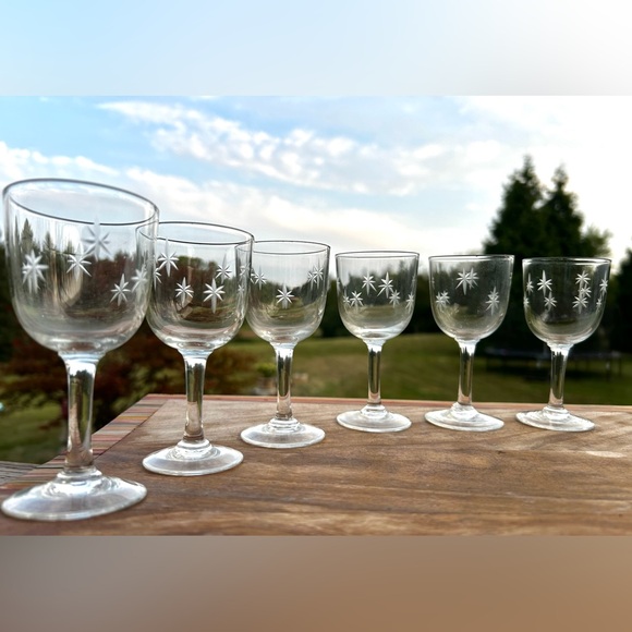 Dining | Vintage Etched Atomic Starburst Design Glass Cordials Mcm Set ...